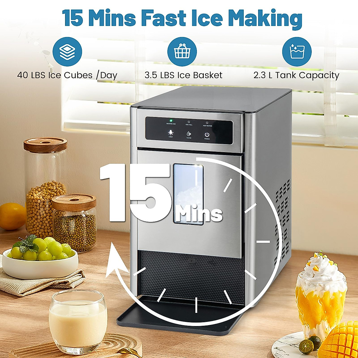 ARLIME Nugget Ice Maker, Countertop Ice Maker with 2.3L Water Tank, 4FT Water Inlet Pipe, Manual & Auto Water Refill, Ice Maker Machine w/Ice Scoop & Water Tray, Ice Machine for Kitchen, Home, Bars
