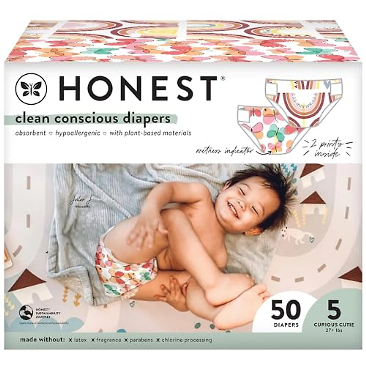 The Honest Company Clean Conscious Diapers | Plant-Based, Sustainable | Wingin' It + Catching Rainbows | Club Box, Size 5 (27+ lbs), 50 Count