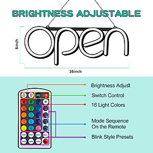 Tekstap Open LED Signs for Business Window, RGB Color Changing Open Neon Sign, 16x6 inches LED Open Sign Lighted with Remote Control & Power Adapter for Storefront/Business Window Restaurant/Bar/Salon