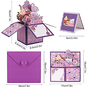 Giiffu Mothers Day Card, Tea Theme, Tea Time 3D Pop Up Card, 3D Flower Pop Up Greeting Card with Note Card and Envelopes, for Mothers Day, Birthday, Tea Party (Purple)