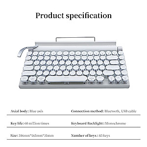 GUAZI STORE 83-Key Mechanical Keyboard dot Retro Typewriter Mechanical Keyboard Wireless Bluetooth Keyboard, Keyboard Gaming Mechanical,Anti-ghosting Blue Switch Mechanical Keyboard (White)