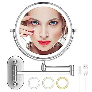 Rechargeable Lighted Wall Makeup Mirror, 2-Sided 1X 7X Magnifying, 8 Inch Lighted Wall Mount Mirror with Medical-Grade 3 Color Lights, Touch Screen Dimming, Extended Arm 360 Rotation (Chrome)