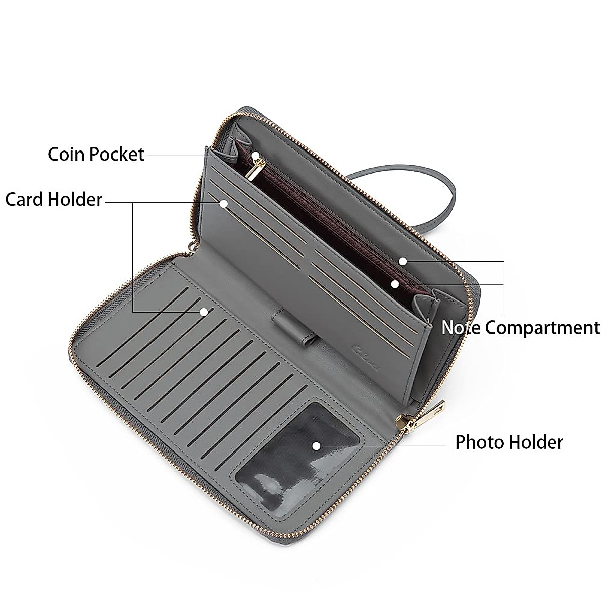 CLUCI Womens Wallet Large Leather Clutch Ladies Travel Purse Zipped Large Multi Card Organizer with Wristlet Gray