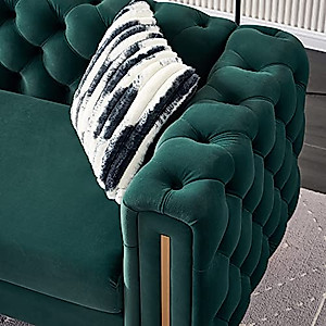 CALABASH Green Velvet Couch, Chesterfield Sofa 84 Inch Living Room Mid-Century Modern Tufted Velvet Gold Metal Legs and 2 Throw Pillows (Green)