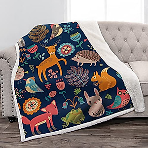 Jekeno Cartoon Forest Animals Sherpa Blanket Soft Warm Deer Rabbit Owl Fox Print Throw Blanket for Kids Adults Gift Sofa Chair Bed Office 50"x60"
