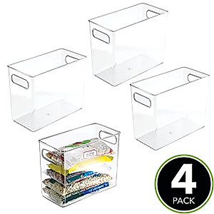 mDesign Plastic Tall Food Storage Organization Container Bin with Handles for Kitchen, Pantry, Cabinet, Fridge/Freezer, Countertop - Organizer for Snacks/Appliances, Ligne Collection, 4 Pack, Clear