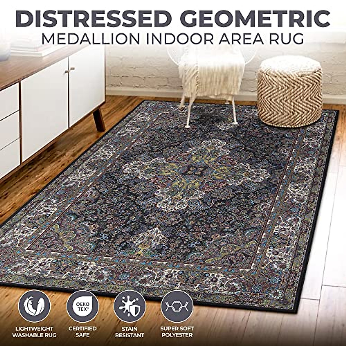 SUPERIOR Washable Indoor Large Area Rug, Southwestern Home Decor, Floor Rugs for Living Space, Dining Room, Kitchen, Office, Bedroom, Vintage Geometric Aesthetic, Cardinal Collection, 6' x 9', Black