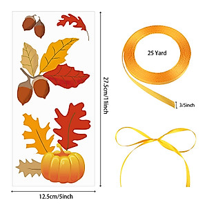 100 Pieces Fall Cellophane Bags Pumpkin Fall Leaves Treat Bags Halloween Pumpkin Bags Thanksgiving Cellophane Bags with 1 Piece Orange Ribbon for Chocolate Candy Snacks Cookies Little Toys