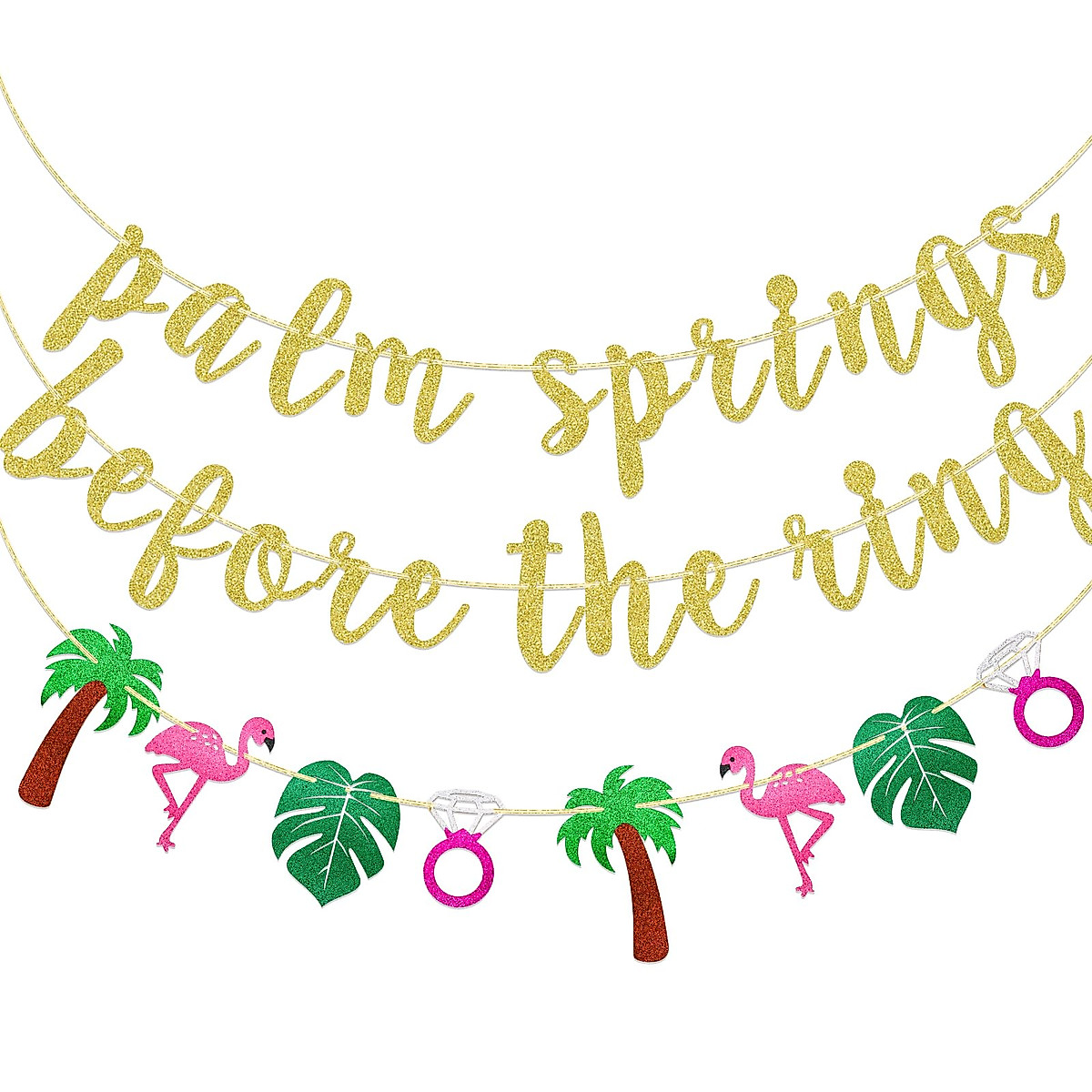 GXSOVSO Palm Springs Before the Ring Banner, Tropical Palm Bachelorette Party Decorations, Pre-strung Bridal Shower Engagement Wedding Decorations, Gold Glitter