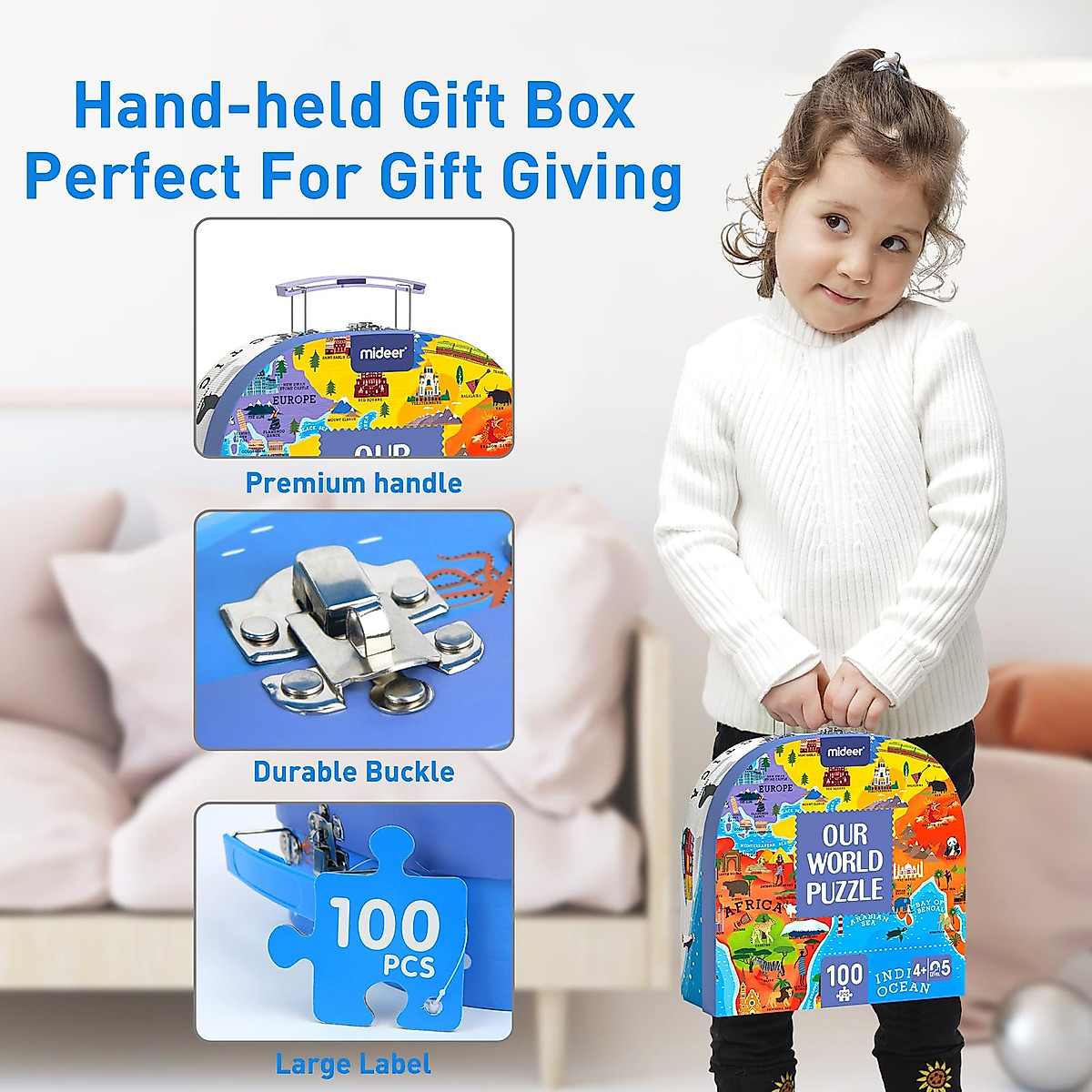 Mideer Floor Puzzle for Kids 4-8, 100 Piece World Map Jigsaw Puzzle with Continents, Geography Educational Toys for Boys and Girls, Globe Atlas Puzzle Maps Preschool Learning Game for Kids Ages 4-6