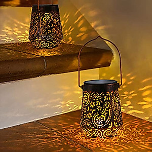 Solar Outdoor Lanterns with Hanging Handle Metal Gift Waterproof LED Light for Garden Patio Yard Pathway Decorations (2 Pack)