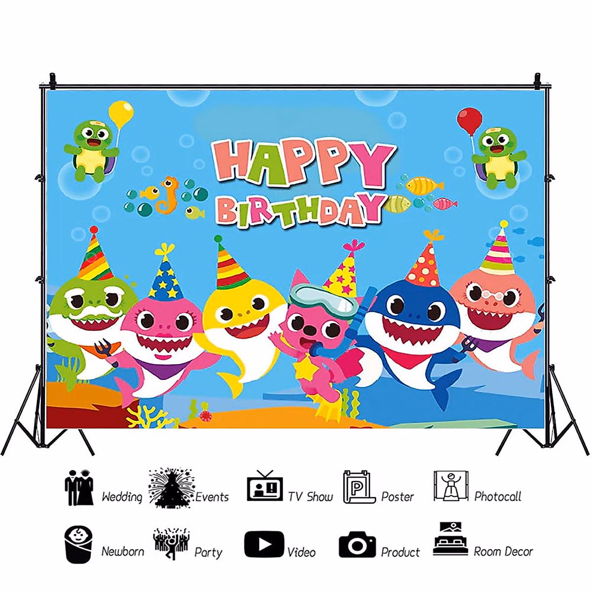Retyshia 5x3Ft Happy Birthday Backdrops Shark Theme Birthday Party Backdrop Decoration Cake Table Banner Baby Shower Newborn Photography Background (YYK01BD52-0453)