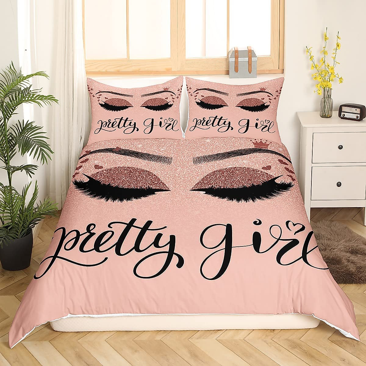 Erosebridal Unicorn Eyelash Duvet Cover for Kids Girls,Pretty Eyelash Sequins Bedding Set Full,Women Spark Ombre Comforter Cover,Butterflies Crown Quilt Cover with 2 Pillow Shams Bedroom Decor