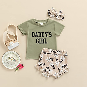 Newborn Baby Girls Summer Clothes Short Sleeve Shirt Tops Ruffle Floral Shorts Infant Headband Toddler Kids 3Pcs Outfits Set (A1 Green, 0-6 Months)