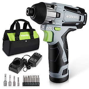 WORKPRO Cordless Impact Driver Kit, 1/4” Hex Electric Impact Drill/Driver Set with 12V 2.0Ah Lithium-ion Battery, 1 Hour Fast Charge, Variable Speed, 14pc Driver Bits and Tool Bag Included