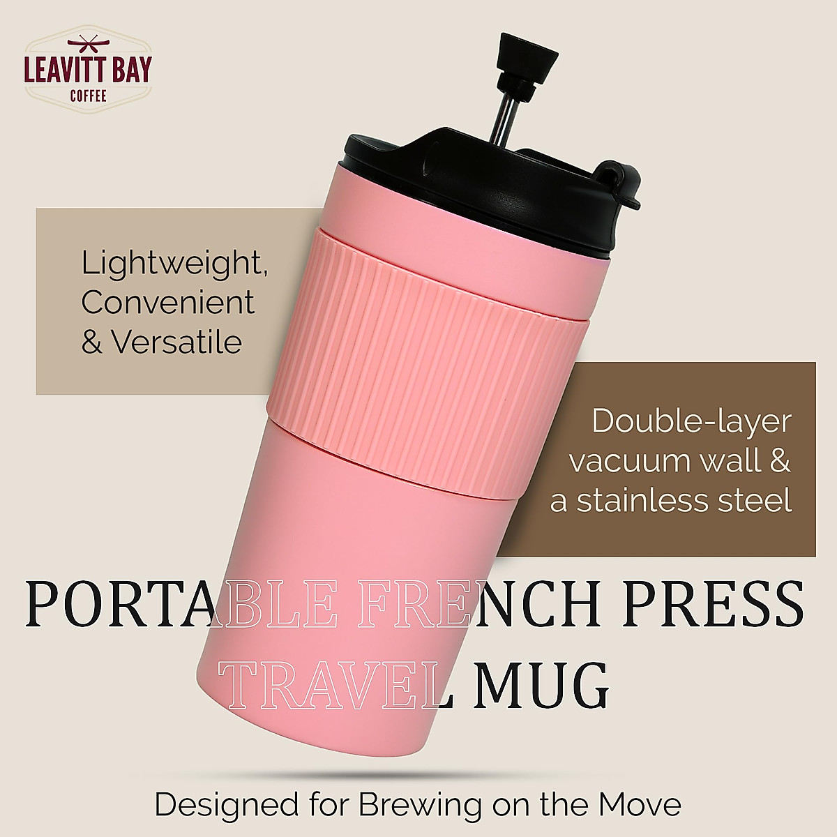 Portable French Press Travel Mug (15oz) - Stainless Steel & Double Wall Vacuum Pink Coffee Maker – Single Serve French Press for Travel, Home, Office, or Camping - No Leak Coffee or Tea Press Tumbler