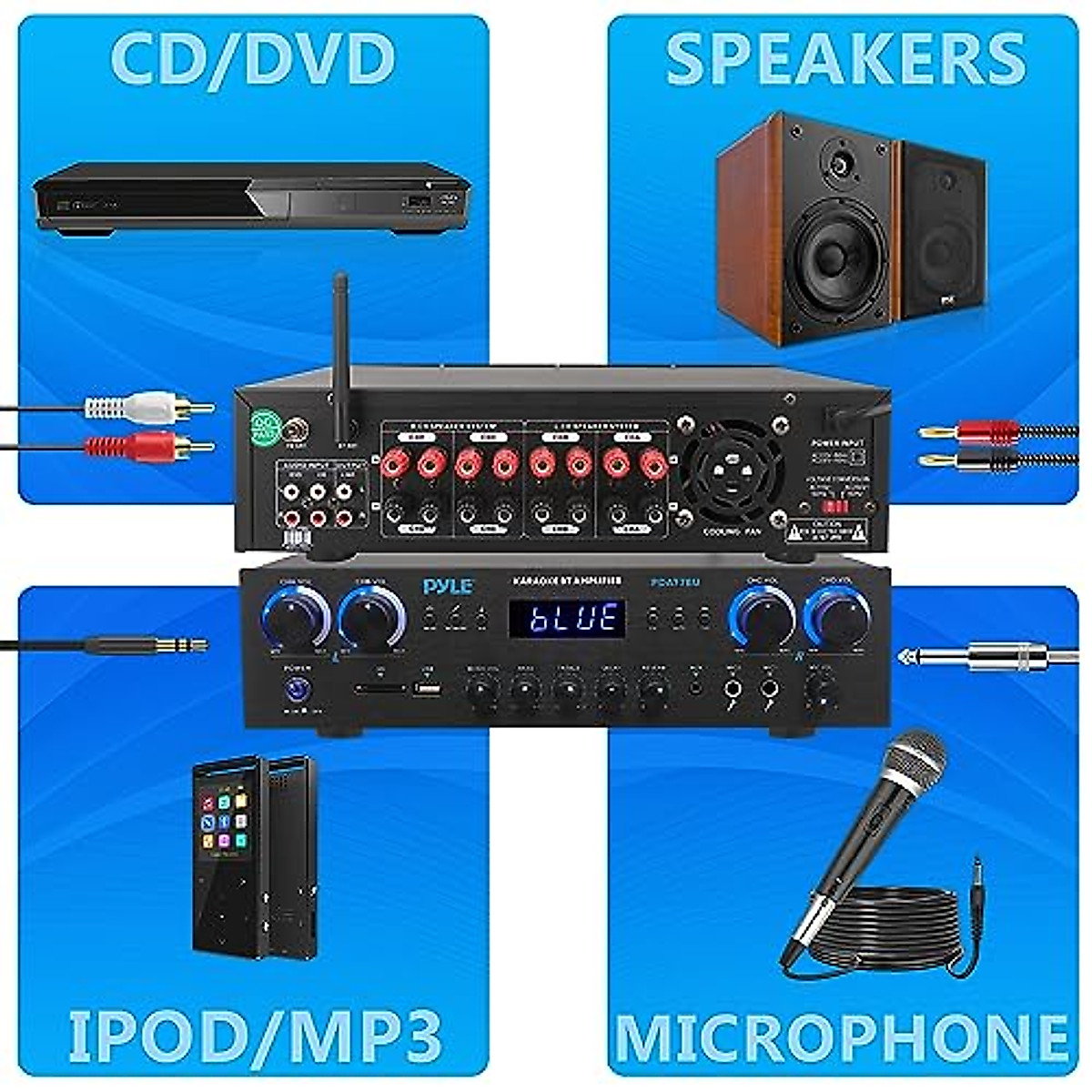 Pyle Bluetooth Home Audio Theater Amplifier Stereo Receiver 4 Channel 800 Watt Sound System w/MP3, USB, SD, AUX, RCA, FM,MIC, Headphone, Reverb Delay, LED Vol, for Home/Studio/Theater Speakers