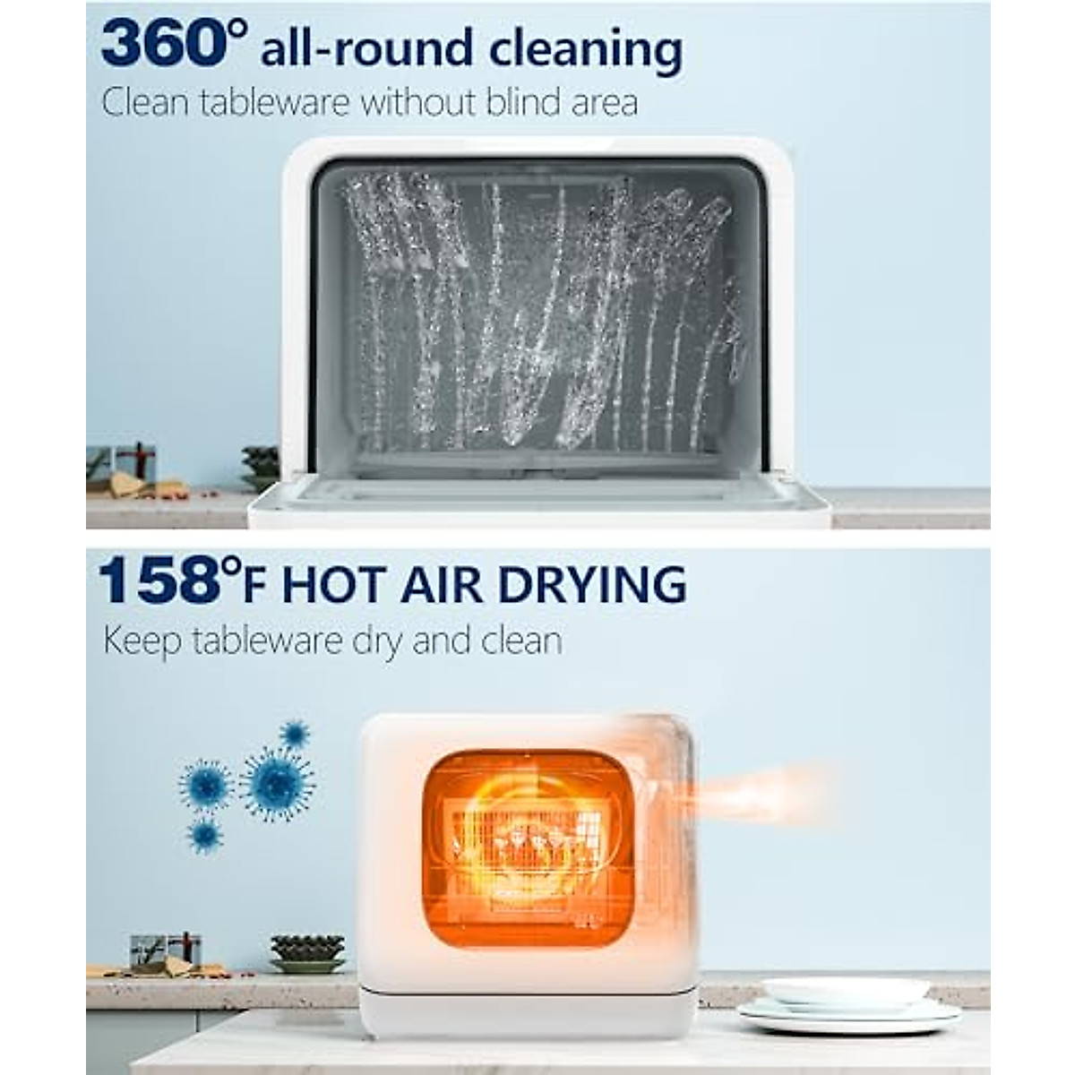 Joy Pebble Countertop Dishwasher, 28 Pieces Dishes/Cycle, 6 Washing Programs&Hot Drying, Dish Washer with 360°Dual Spray, with Child Lock&Delayed Start, Portable Dishwasher for Apartment/RV/Dorm