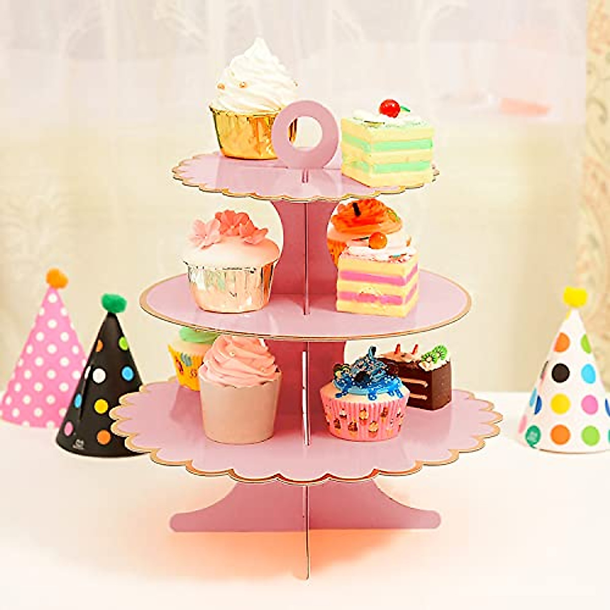 Cupcake Stand,3 Set of 3-Tier Dessert Plates Mini Cakes Fruit Candy Display Tower Cookie Tray Rack Candy Buffet Holder Cake Stand Cardboard Cupcake Stand Tiered Serving Stand (Pink)