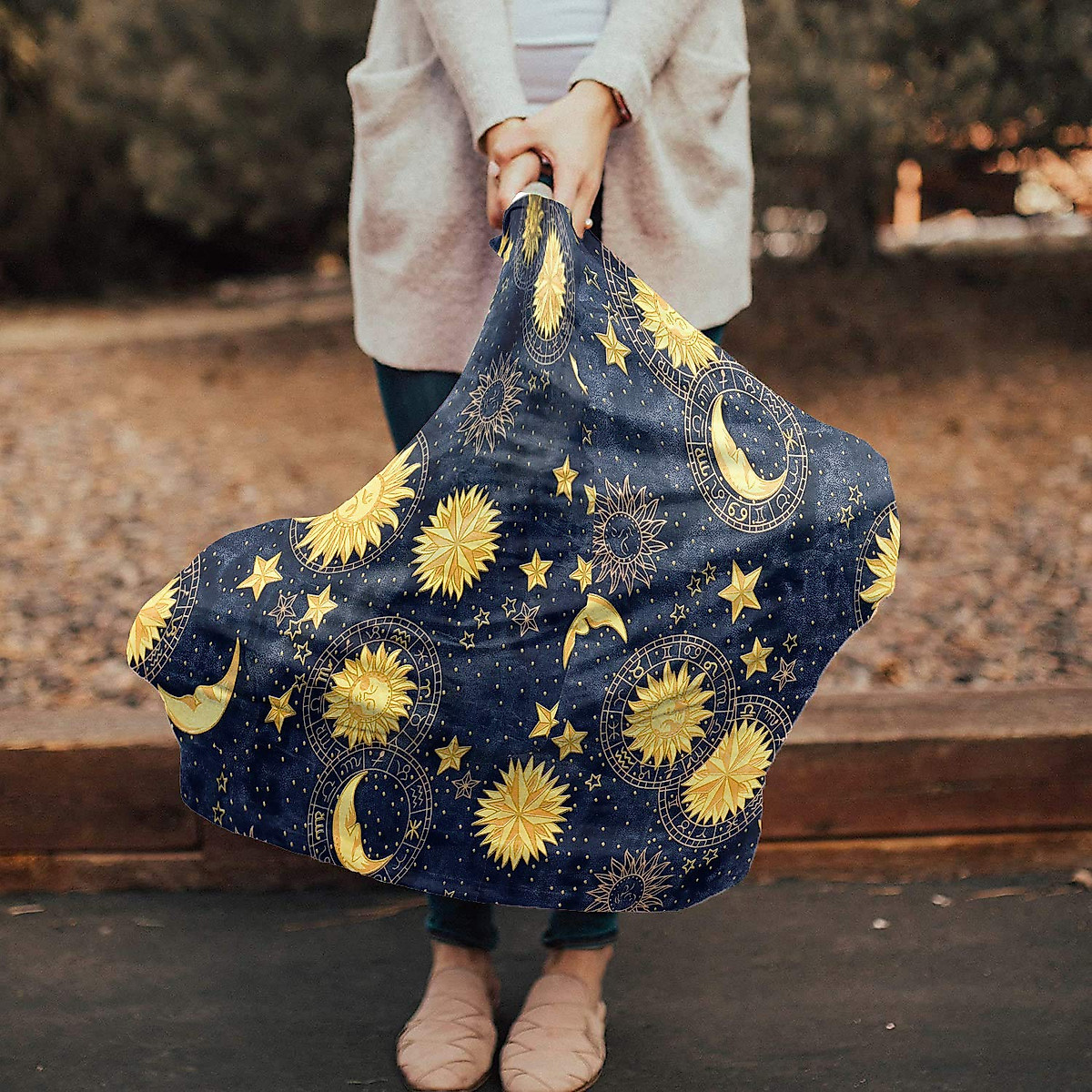 Car Seat Canopy Nursy Cover Zodiac Sign, Multi Use Breastfeeding Scarf for Infant Carseat Canopy Stroller Shopping Cart Highchair Boho Celestial Bodies Gold Sun Moon and Stars Ancient Pattern