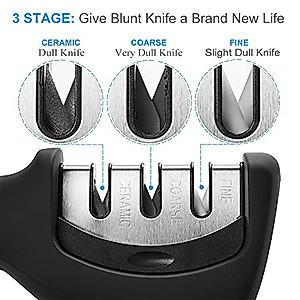 TometaMoye Kitchen Knife Sharpener - Professional 3 Stage Manual Sharpeners - Ergonomic Handle and Non-slip Base - Safe Sharpening Tool - Easily Honing Knives in a Breeze, Black.