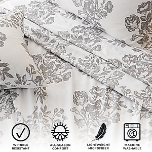 4-Piece Queen Printed Microfiber Sheet Set | Ultra-Soft, Brushed Bedding Sheets & Pillowcases | Wrinkle & Fade Resistant, All-Season Bed Sheets for Bed (Queen, Toile - Grey)