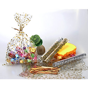 COQOFA 100 Pcs Star Printed 4"X 9" Gift Wrap Cello Cellophane Treat Bags Party Favor bags Clear Candy Cookie Bags Plastic Poly Goodie Storage Bags with Twist Ties for Bakery,Birthday, Wedding ,Party Decorations (Gold)