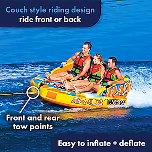 WOW Sports - Max Inflatable Towable Deck Tube - Boating Accessory - Fits Kids & Adults - Up To 3 Riders