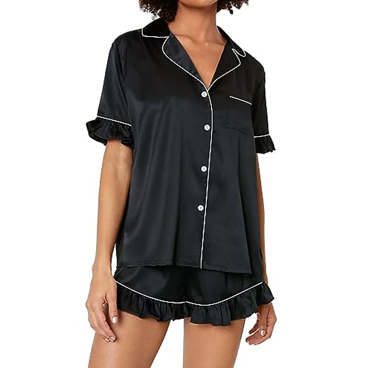SWOMOG Soft Silk Satin Pajama Set for Women Summer Nightwear Short Sleeve Pjs Sets 2 piece Pyjamas Button Down Sleepwear Black