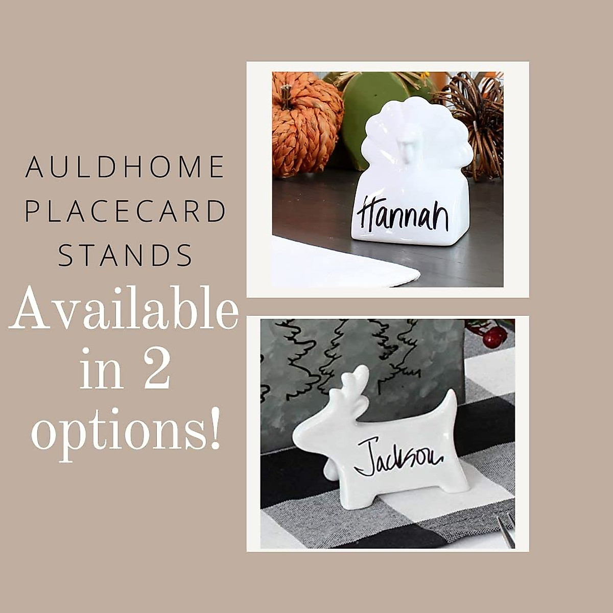 AuldHome Design Reindeer Place Card Holders (12-Pack), Ceramic Reusable Write-On Wipe-Off Christmas Place Card Stands for Table