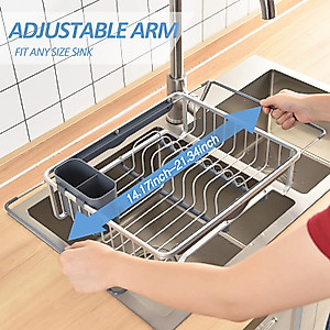TOOLF Expandable Dish Rack, Aluminum Over The Sink Rack Adjustable Dish Rack in Sink Or On Counter Dish Drainer with Utensil Holder Rustproof for Kitchen