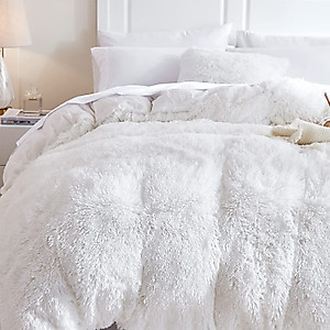 EHEYCIGA Faux Fur Duvet Cover, Ultra Soft Shaggy Fluffy Comforter Cover with Luxury Velvet on Reverse Zipper Closure 1PC (1 Duvet Cover, White, King)