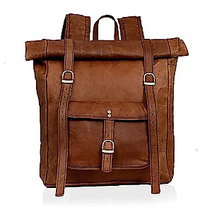 Gbag (T) Leather Vintage Roll On Laptop Backpack Rucksack Travel Bag Best Rucksack for Work Brown Leather Roll Top Backpack Laptop Bag for Men and Women