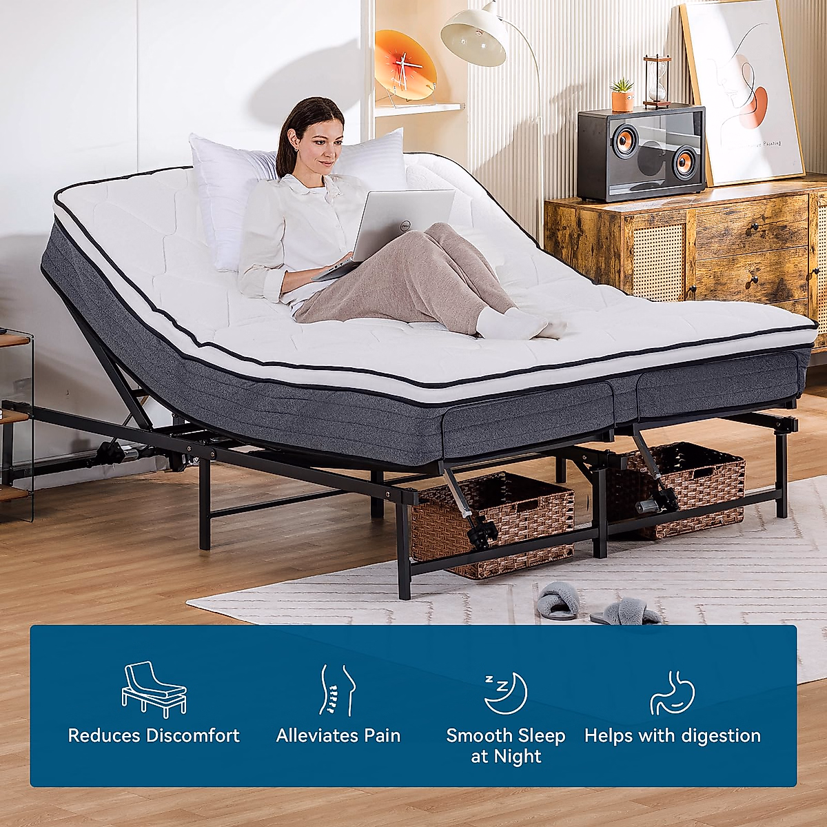 COMHOMA Adjustable Bed Frame King Bed Base with Remote Control, Independent Head and Foot Incline, Adjustable Bed Frames with Mattress Holder, Bed Base Only King-73