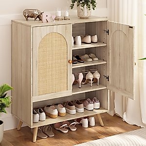 IDEALHOUSE Rattan Shoe Cabinet with Doors, 4-Tier Shoe Storage Cabinet for Entryway, Shoe Rack Organizer Cabinet with Woven Rattan Doors and Adjustable Shelves for Entryway, Hallway, Living Room