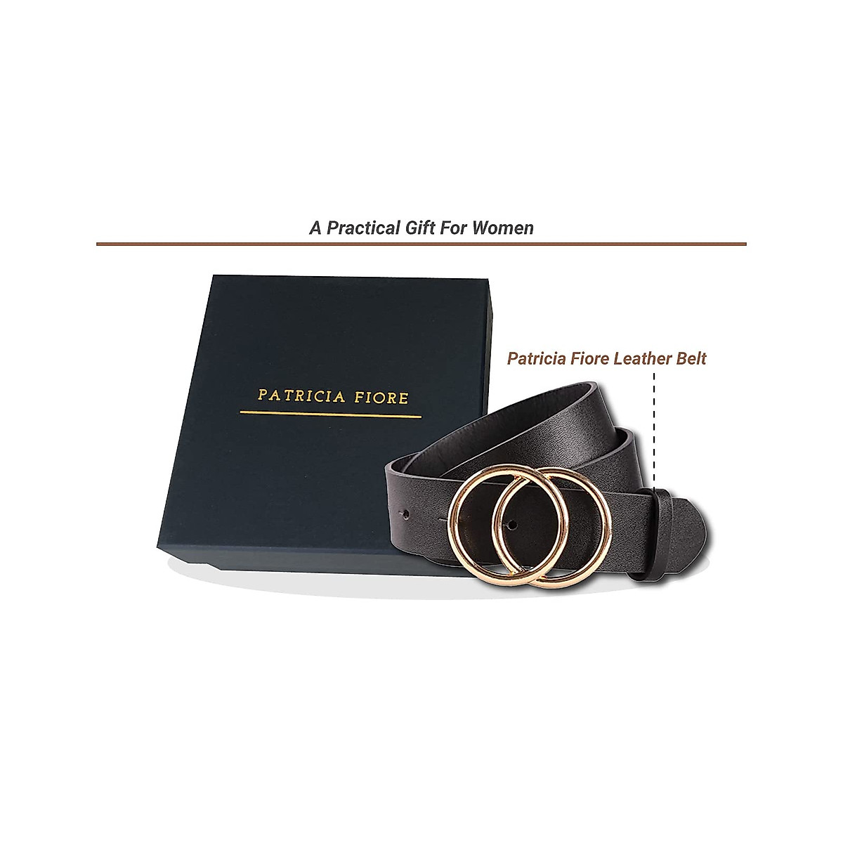 Patrica Fiore Fashion Leather Belt For Women - Design in Italy Double Buckle Belt Leather(M), Black
