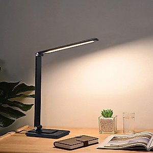 LED Home Office Desk Lamp, Eye Protection Desk Lamp with Clip, 3 Colors Stepless Brightness Adjustable Flexible Gooseneck, USB Adapter College Dorm Architect Task Lamp, Black