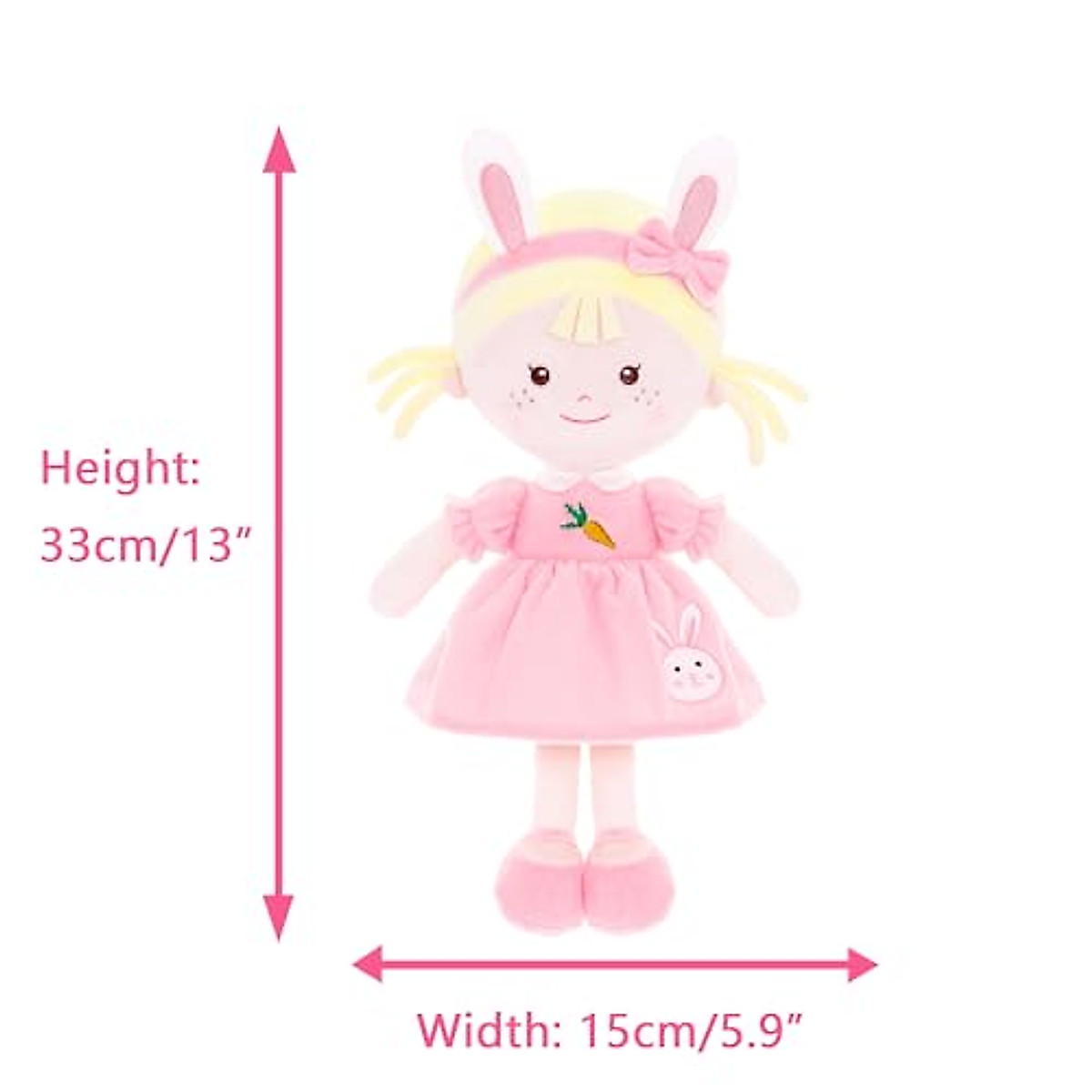 Onetoo First Baby Doll Easter Bunny Doll Plush Baby Doll Rabbit Doll Soft Baby Doll for Girls Wear Bunny Costume Pink Dress14