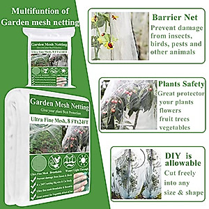 Garden Mesh Netting Kit, Plant Covers 8x24 Ft Ultra Fine Mesh Netting & 6Pcs Garden Hoops & 18 Clips for Vegetable Plants Fruits Flowers Crop Greenhouse Row Cover Birds Animals Barrier Protection Net