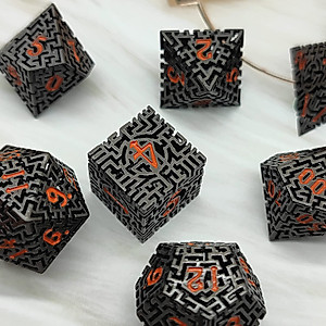 DND Metal Hollow Dice 7 Piece Set - (Free Metal Box) Maze Polyhedron Dice Suitable for Board Game RPG Math Teaching Warhammer MTG Game Dice （Pearl Gun）