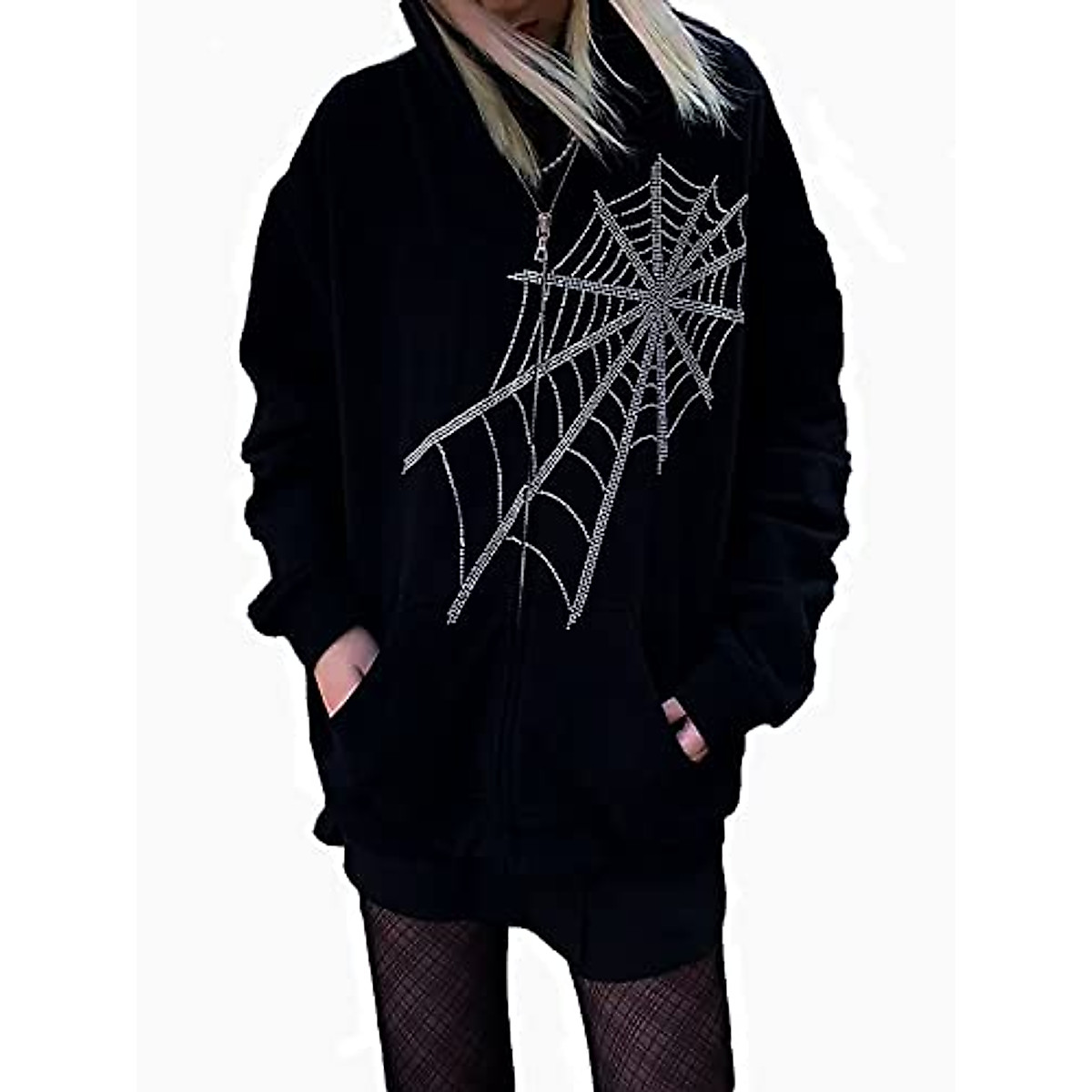 Womens Y2k Rhinestone Spider Web Zip Up Hoodies Vintage Harajuku Oversized Long Sleeve E Girl Streetwear Hoody with Pocket (L, Black)
