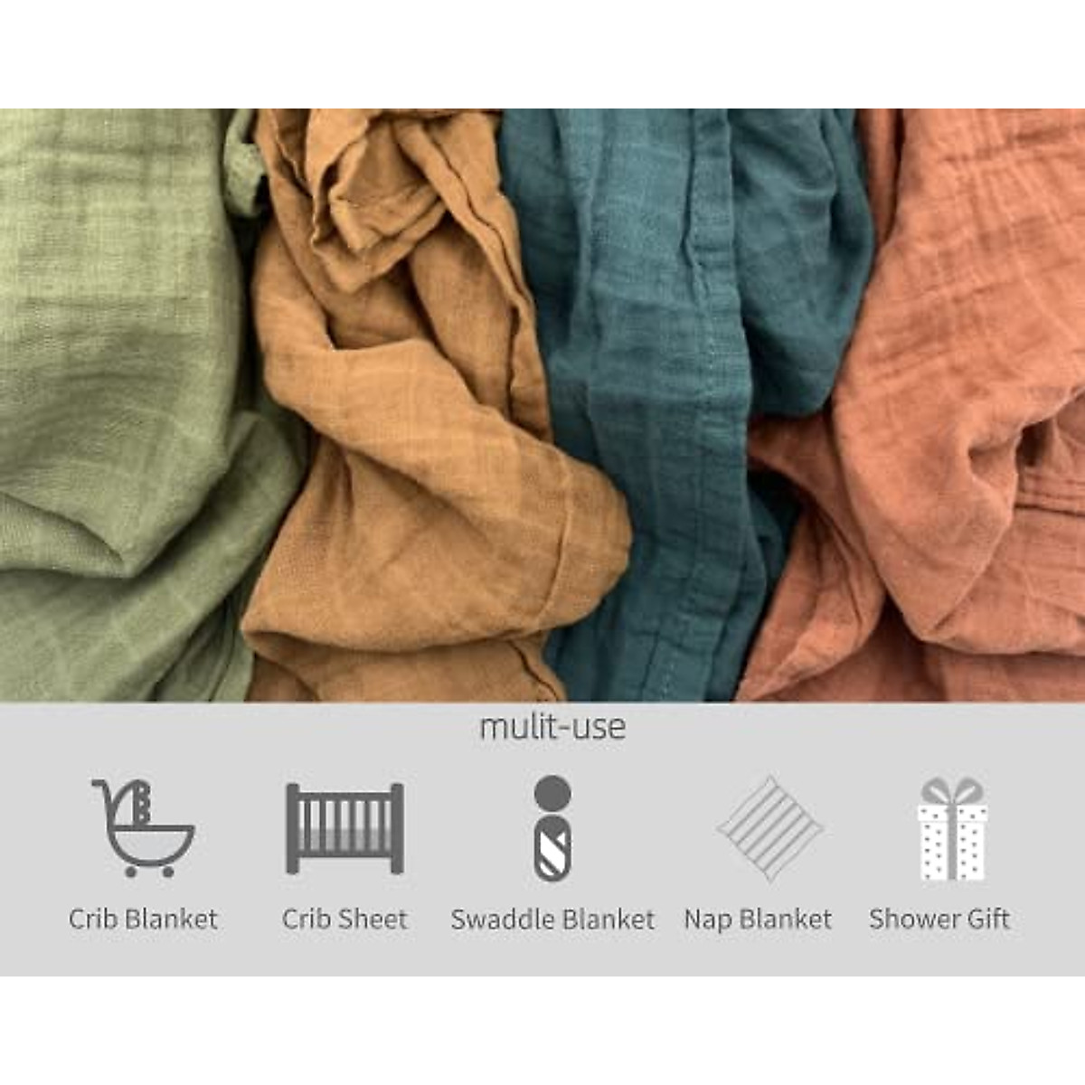 4Pack Cotton Muslin Baby Blanket , Newborn Swaddle Wrap, Cotton Baby Receiving Blanket, Infant Sleeping Quilt Bed Cover with Solid Color, 43"x47" Forest Set