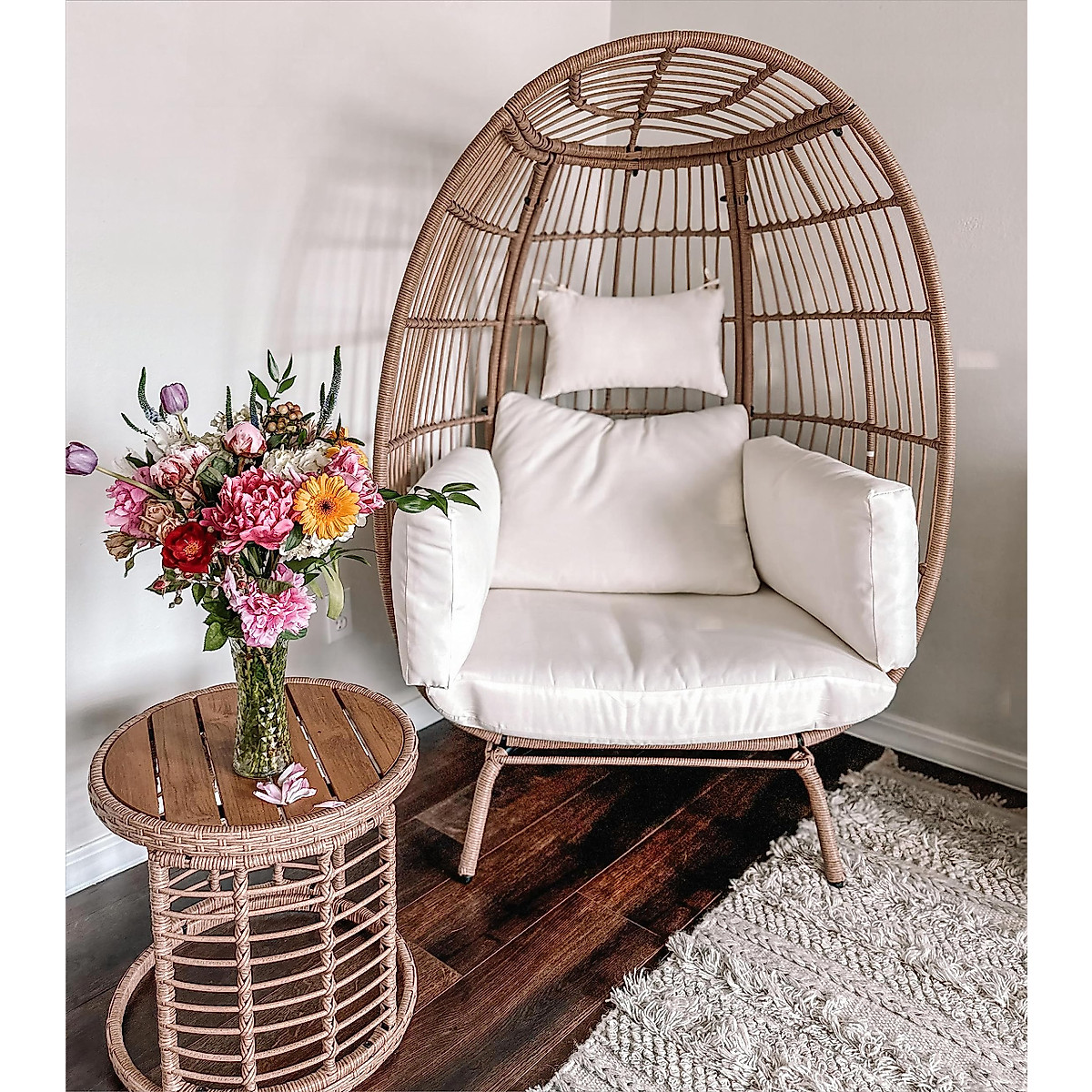 YITAHOME Standing Egg Chair with Coffee Table Oversized Wicker Basket Chair for Outdoor Indoor, Patio Egg Chair with Headrest Cushion - Beige