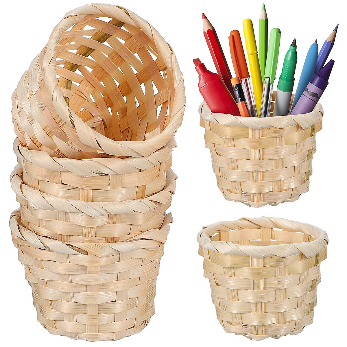 Amosfun 6pcs Mini Handwoven Bamboo Baskets Table Centerpieces Pen Pencil Cups Makeup Brush Storage 3 x 3 x 2.4 Inch