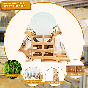 Worthyeah Bamboo Dish Drying Rack, 3 Tier Collapsible Dish Rack with Utensil Holder, Wooden Dish Drying Rack for Kitchen Counter, Large Folding Drying Holder, Dish Drainer