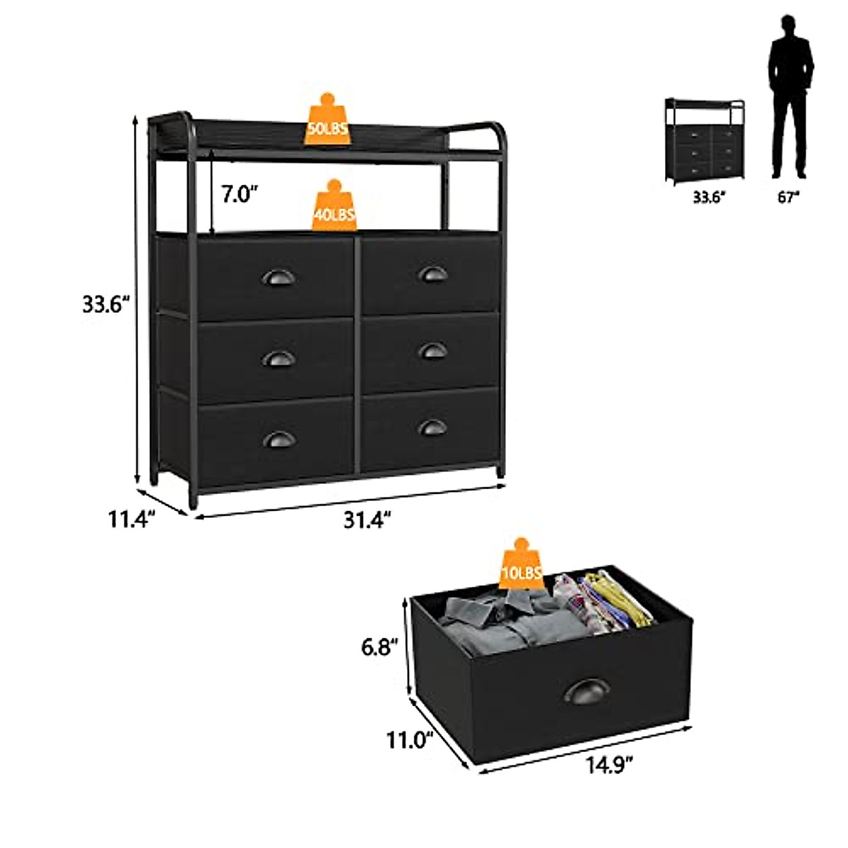 Furologee 6 Drawer Dresser Fabric, Double Shelf Black Closet Organizer Storage Tower Unit for Bedroom, Living Room Entryway, Rustic Bins, Sturdy Metal Frame
