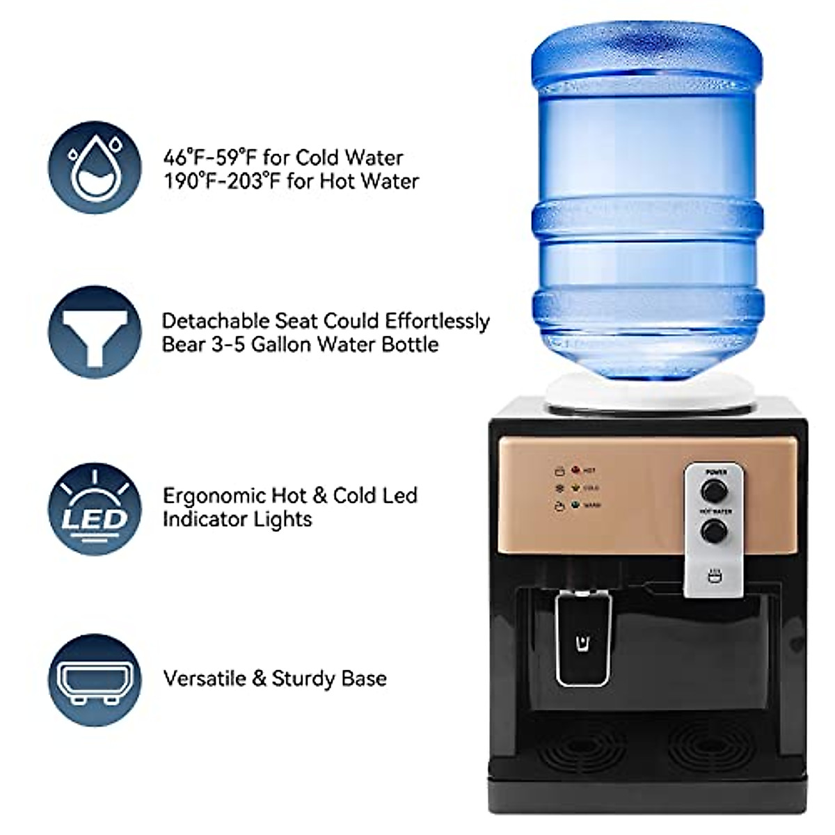 PIOJNYEN Water Cooler Dispenser for 3 to 5 Gallon, 3 Temperature Settings, Top Loading Water Cooler Dispenser for Home Office School