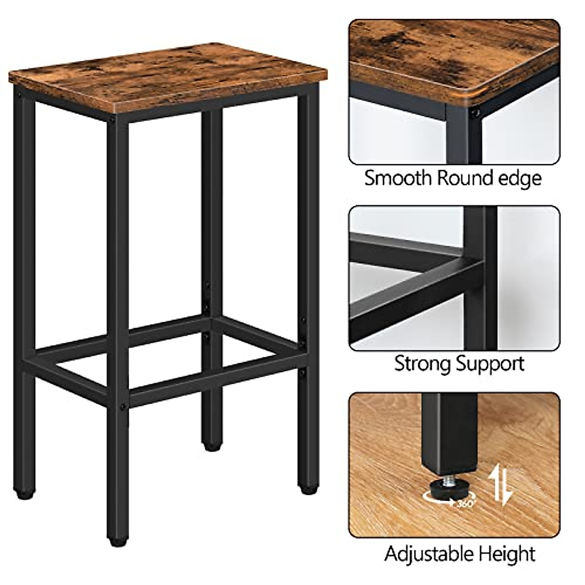 ALLOSWELL Bar Stools, Set of 2 Bar Chairs, Kitchen Breakfast Bar Stools with Footrest, 25.8" Dining Stools, Rectangular Industrial Bar Chairs, for Dining Room, Kitchen,Rustic Brown BAHR0101