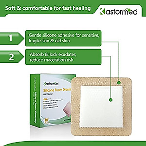 kastormed Silicone Adhesive Foam Dressing with Gentle Border 4''x4'' 10 Pack, High Absorbency Foam Wound Bandage for Bed Sore, Leg Ulcer, Diabetic Ulcer