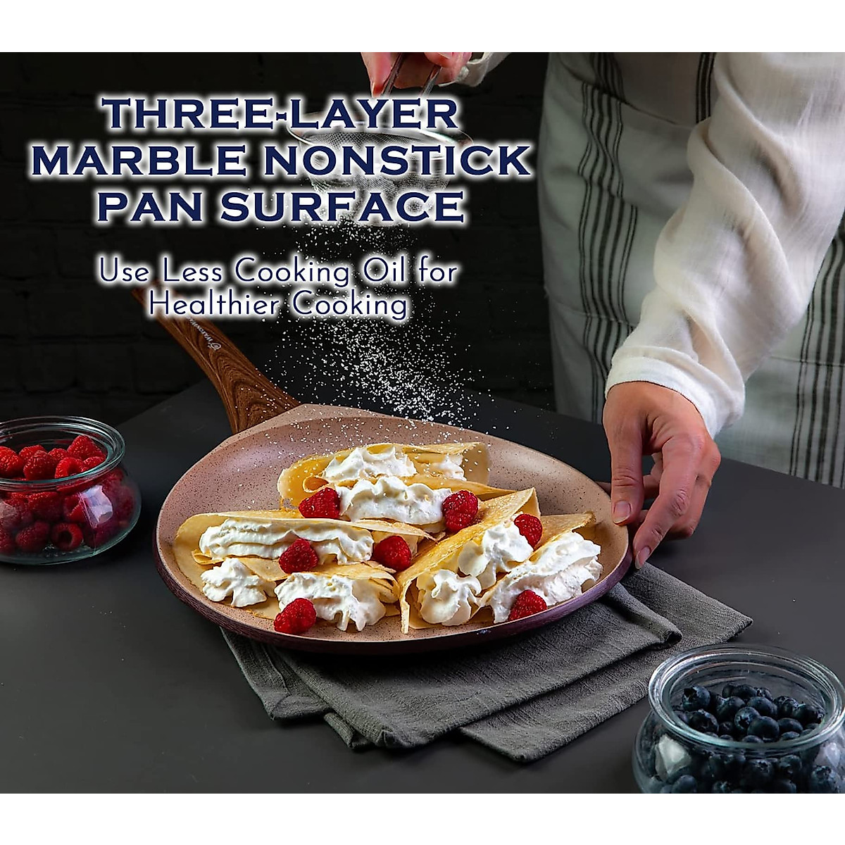 WaxonWare 11 inch Nonstick Crepe Pan Set with Crepe Spreader: Marbellous Series Flat Stove Top Nonstick Pan for Crepes, Tortilla, and Dosa - 100% PFOA Free Non Stick German Coating - Pancake Pan